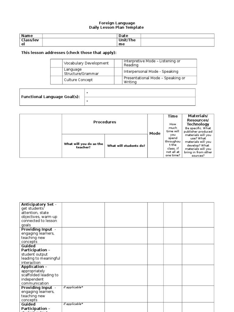 Foreign Language Daily Lesson Plan Template | Educational Assessment ...