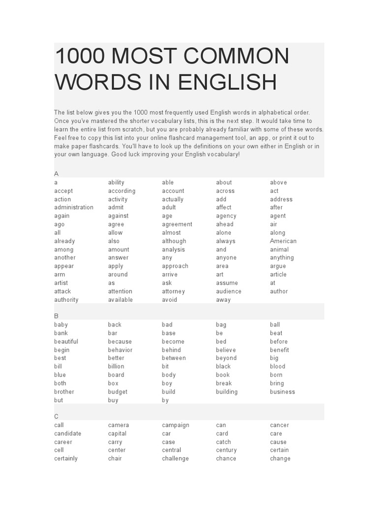 1000 Common English Words List | PDF | Employment | Elections