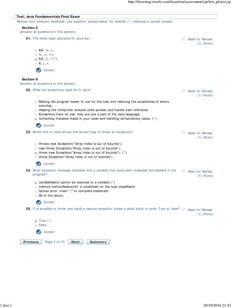 Test: Java Fundamentals Final Exam: Previous Next | PDF | Computers