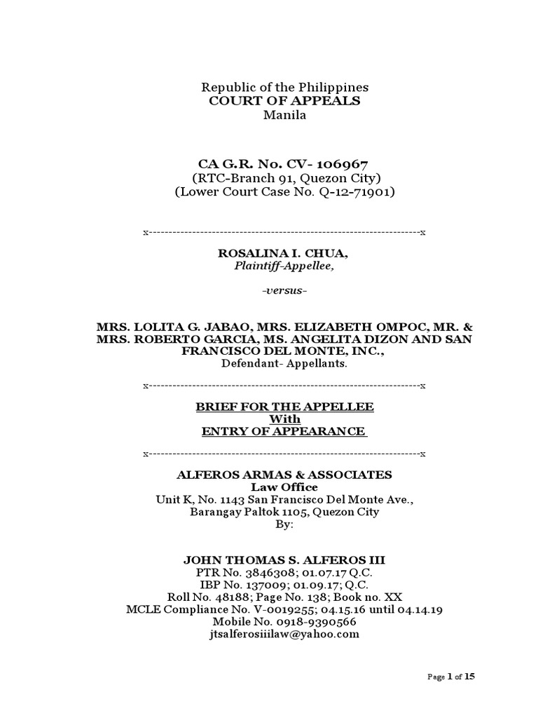 Appellee's Brief CA R. Chua | PDF | Brief (Law) | Lawsuit
