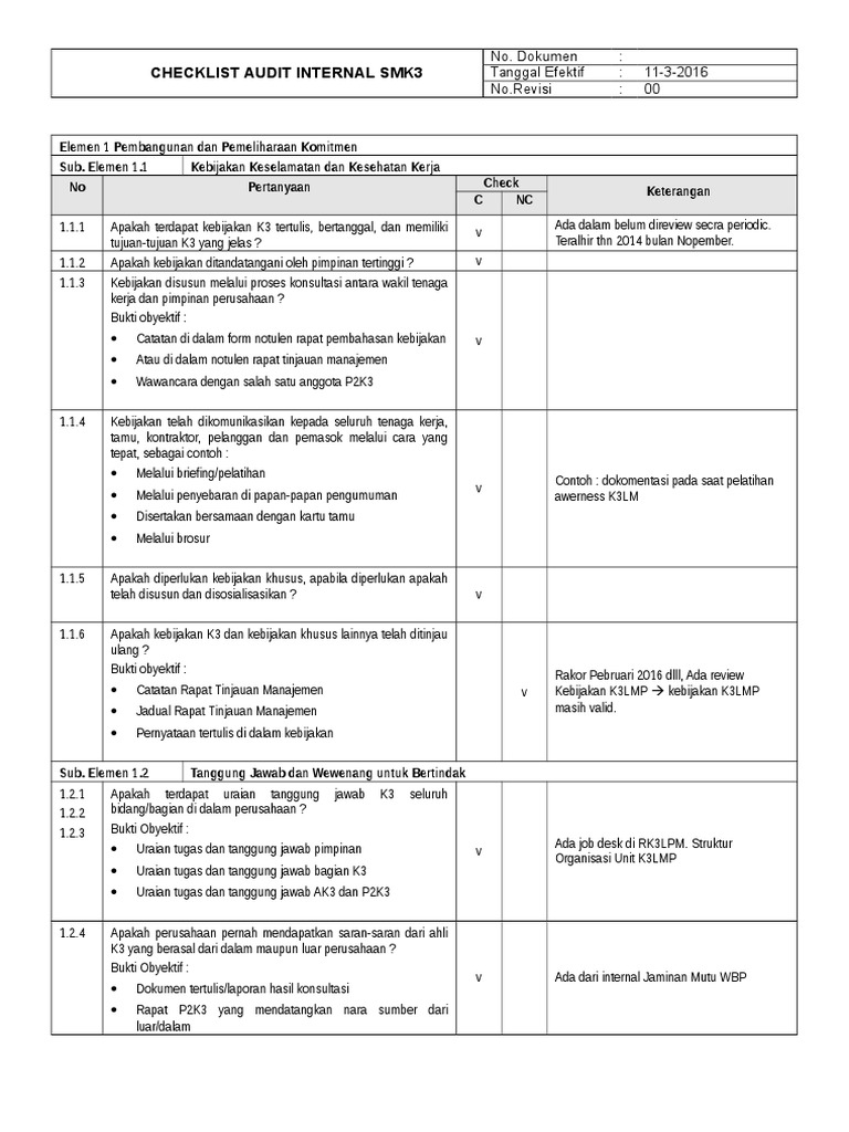 Checklist Inspeksi SMK3 Kalijati | PDF | Bisnis