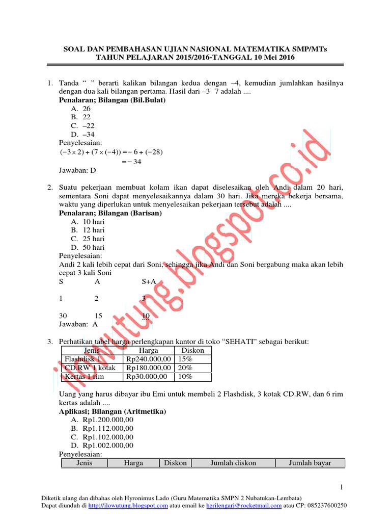 Soal Dan Pembahasan Ujian Nasional Matematika SMP Tahun 2016 PDF | PDF