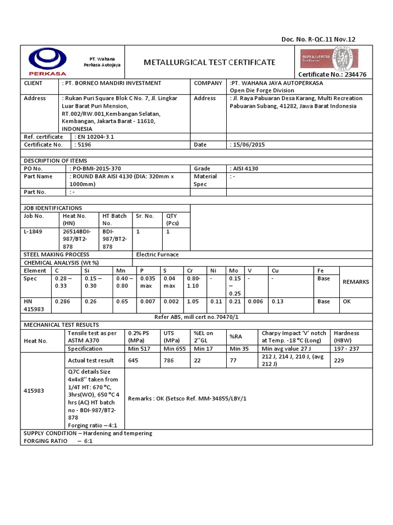 Metallurgical Test Certificate: Doc. No. R-QC.11 Nov.12 | PDF