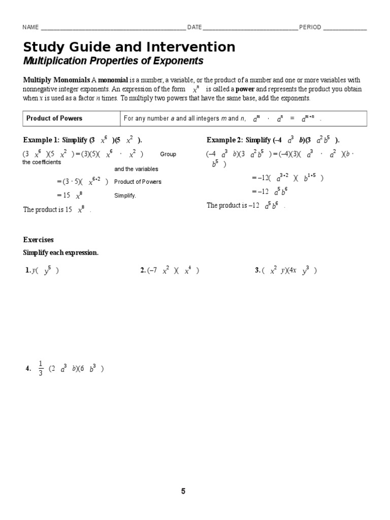 Multiplication Properties Of Exponents Worksheet Multiplication