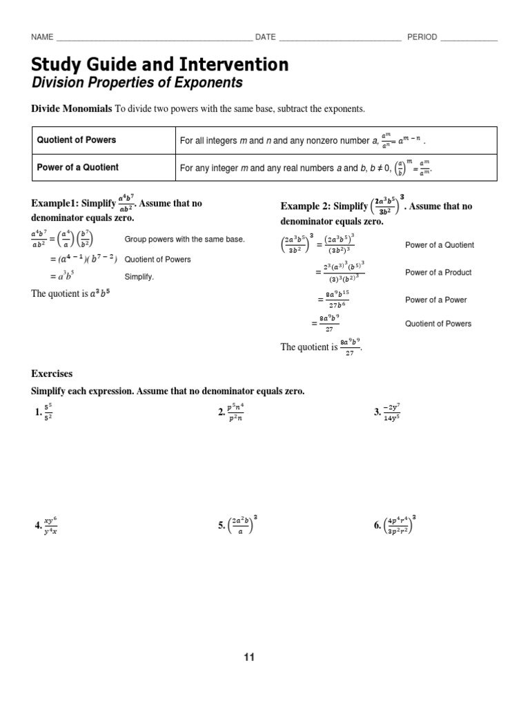 Properties Of Powers Worksheet Division Properties Of Exponents