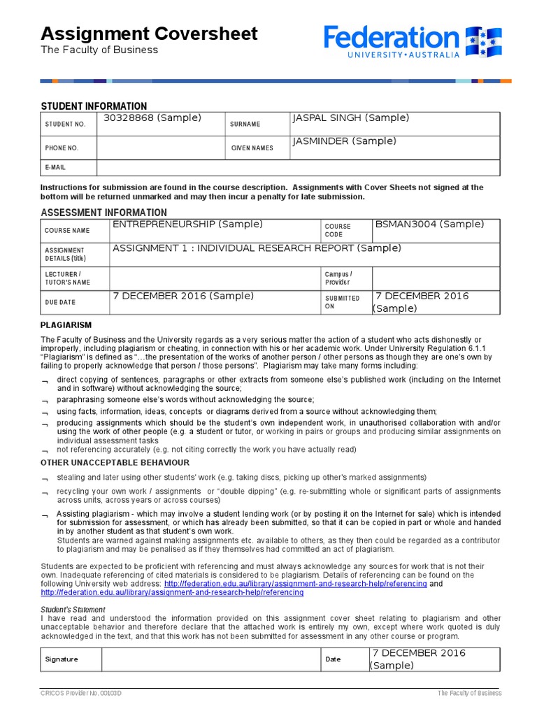 Assignment Cover Sheet | PDF | Plagiarism | Communication