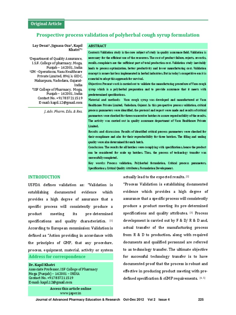 Process Validation of Polyherbal Cough Syrup Formulation | PDF ...