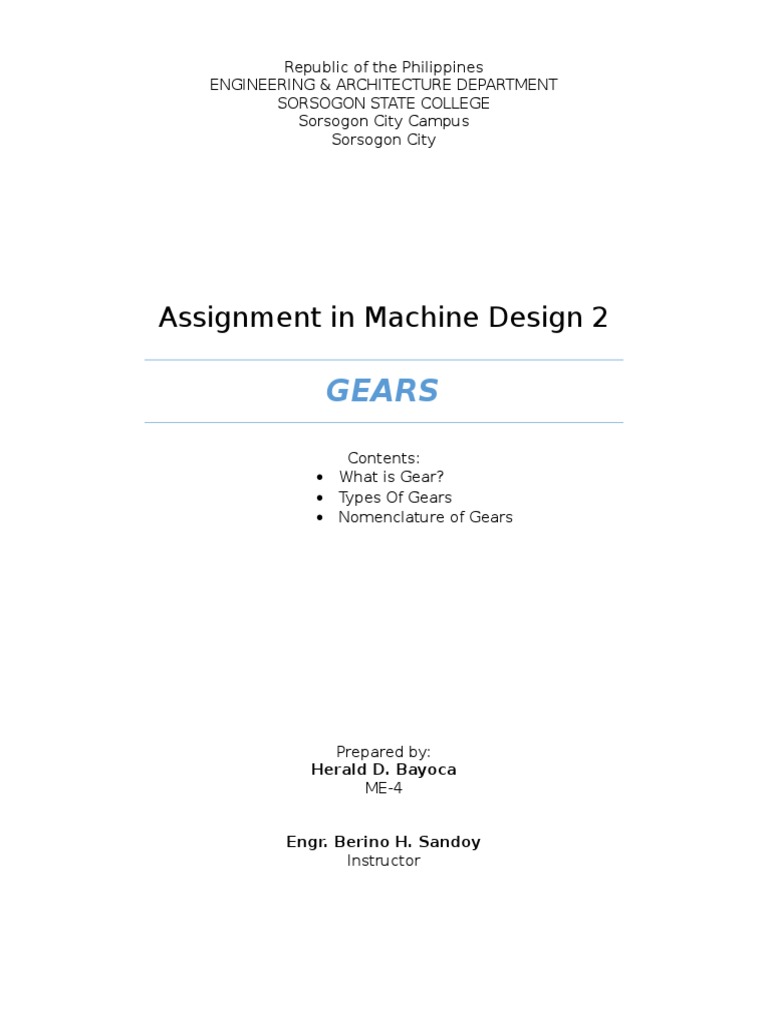 Assignment in Machine Design 2: Gears | PDF | Gear | Kinematics