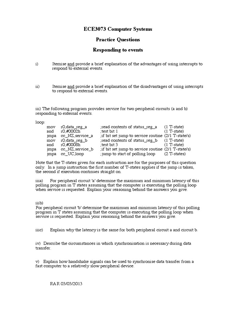 ECE3073 Computer Systems Practice Questions Responding To Events | PDF