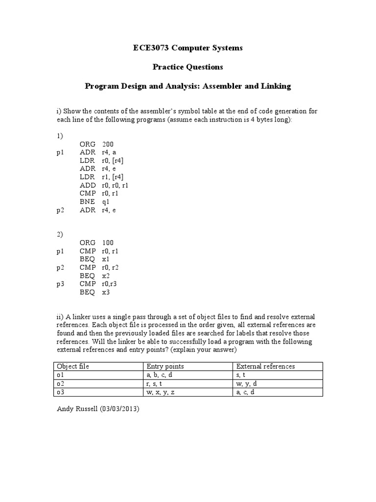 ECE3073 Computer Systems Practice Questions Program Design and Analysis: Assembler and Linking | PDF