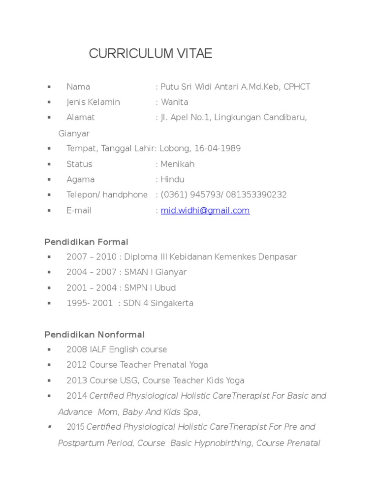 Curriculum Vitae Bu Widi | PDF | Pengembangan Diri | Kesehatan Holistik