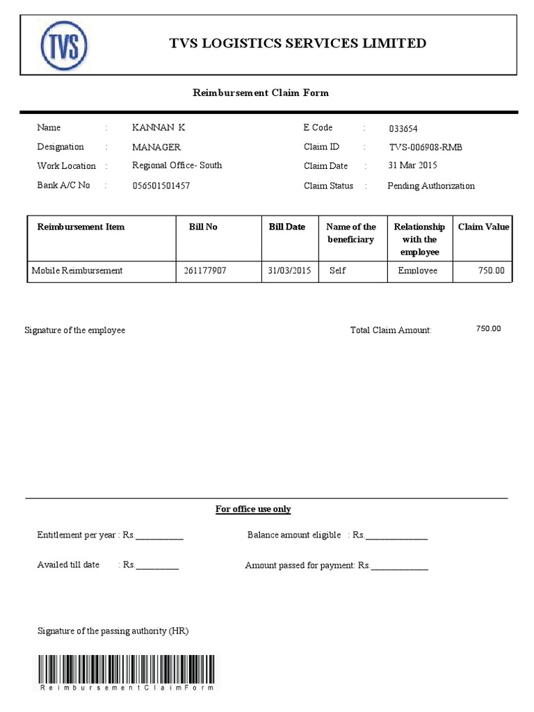 Tvs Logistics Services Limited: Reimbursement Claim Form | PDF