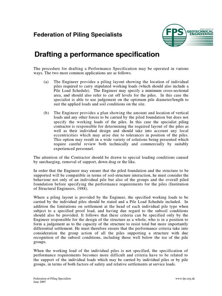 Drafting a performance specification: Federation of Piling Specialists