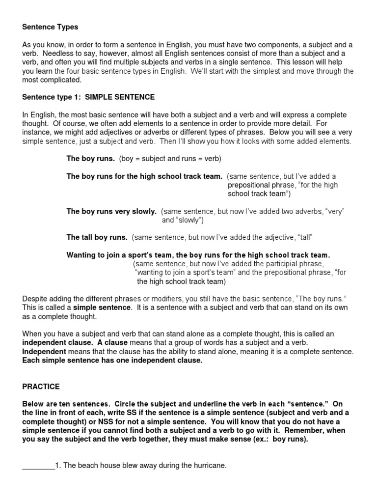 Sentence Types Simple Compound Complex Compound Complex | PDF ...