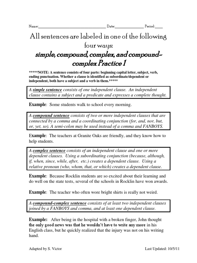 Simple Compound Complex Practice 1 PDF | PDF | Clause | Syntax