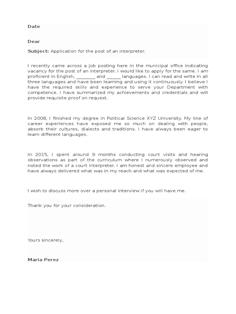 Cover Letter For Interpreter Job | PDF