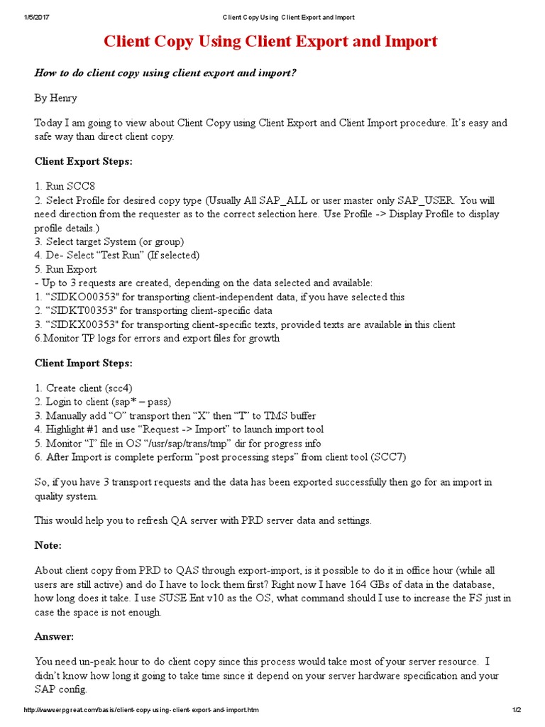Client Copy Using Client Export and Import | PDF | Client (Computing ...