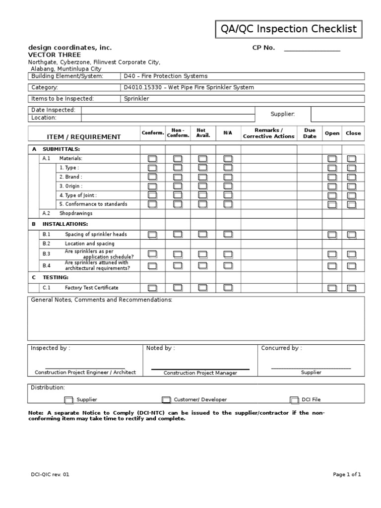 QA/QC Inspection Checklist: Design Coordinates, Inc. CP No. - Vector ...