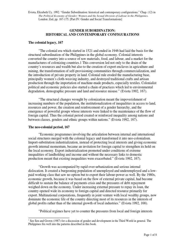 Eviota 1992 12 Gender Subordination | PDF | Gender Role | Gender Inequality