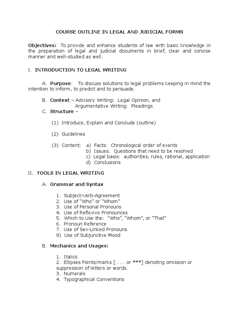 Course Outline in Legal and Judicial Forms Objectives: To Provide and ...