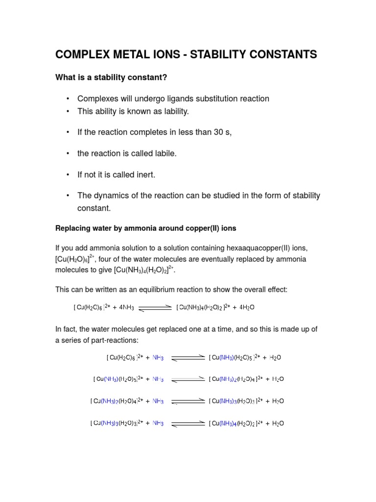Stability Constant Complexes Metal Ions (1) | Chelation | Chemical ...