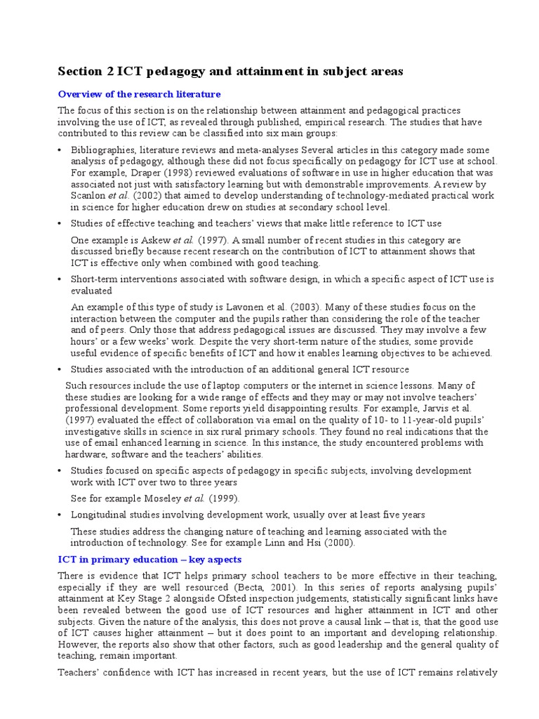 Section 2 ICT Pedagogy and Attainment in Subject Area | PDF ...