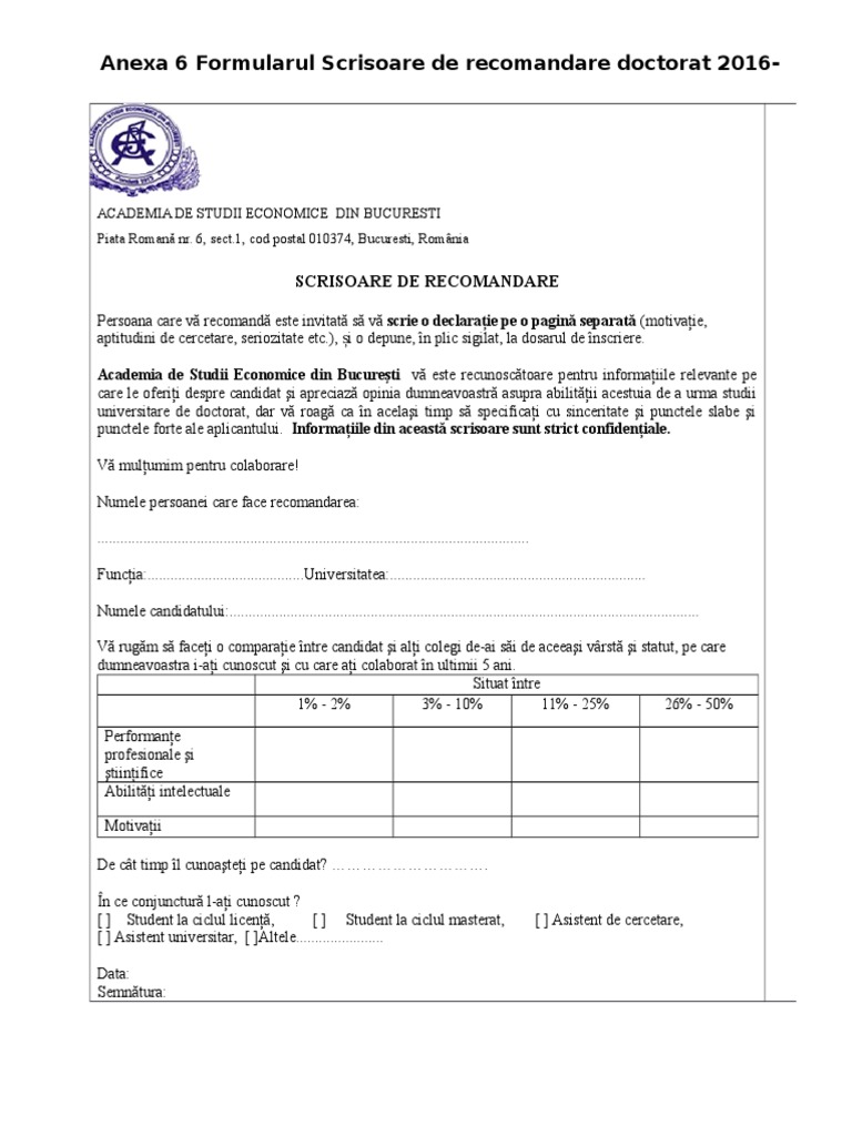 Anexa 6. Formular Scrisoare de Recomandare | PDF