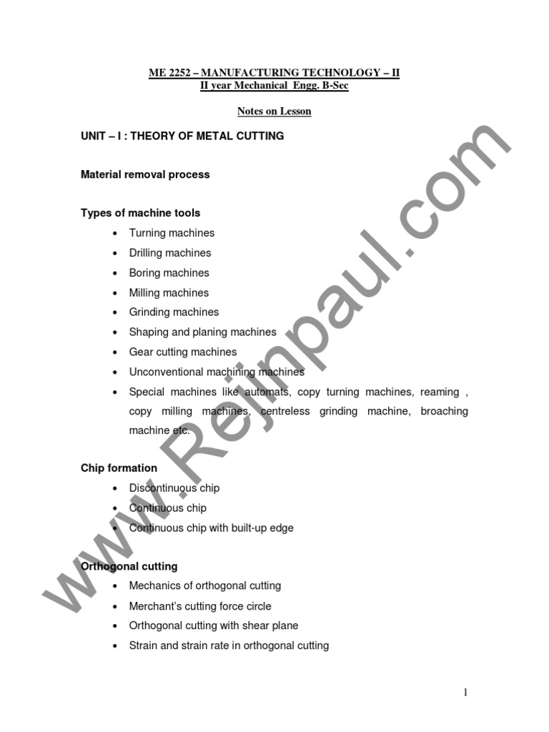 Me 2252 - Manufacturing Technology - Ii II Year Mechanical Engg. B-Sec ...