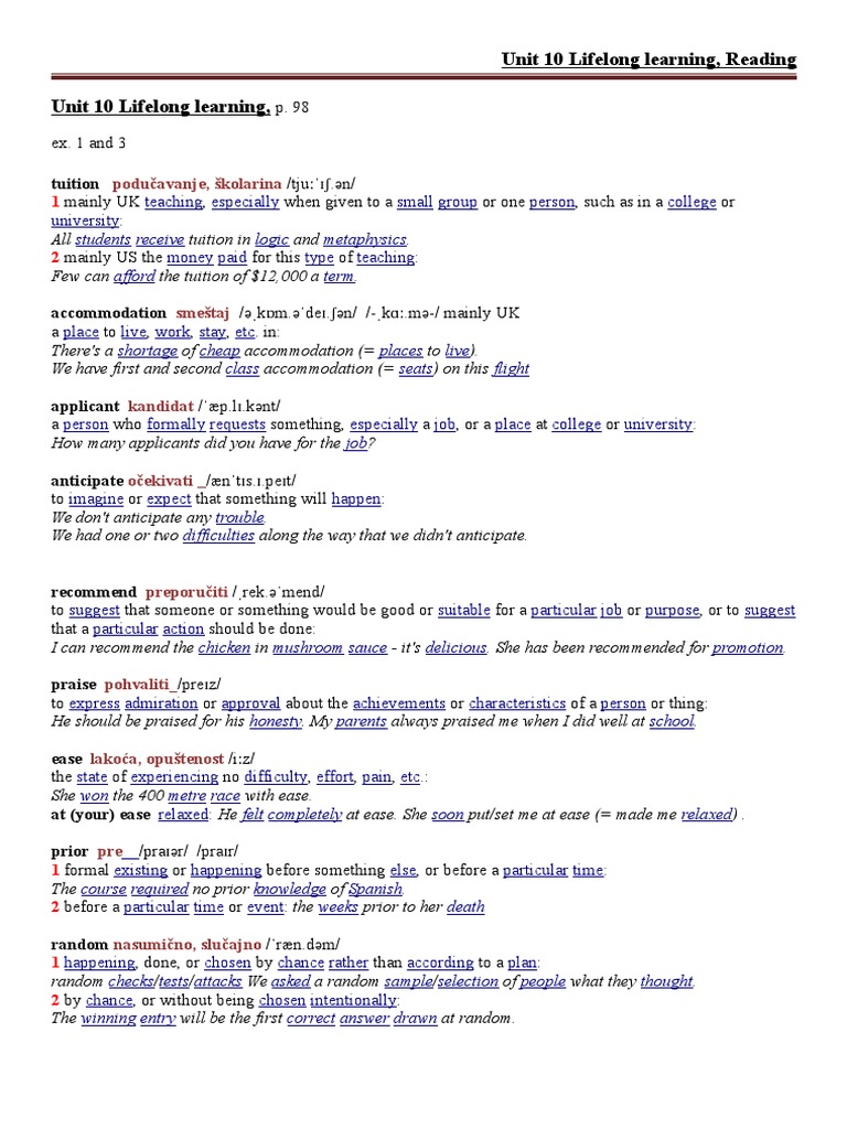 Unit 10 Lifelong Learning, Reading Exercises P. 98 | PDF | Language ...