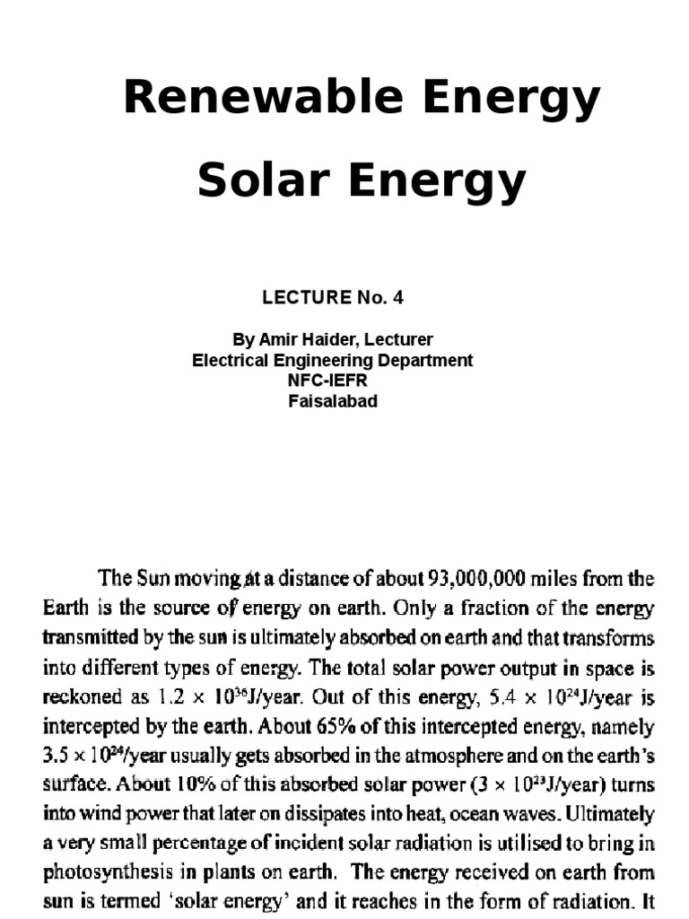 Renewable Energy Solar Energy: Lecture No. 4 | PDF