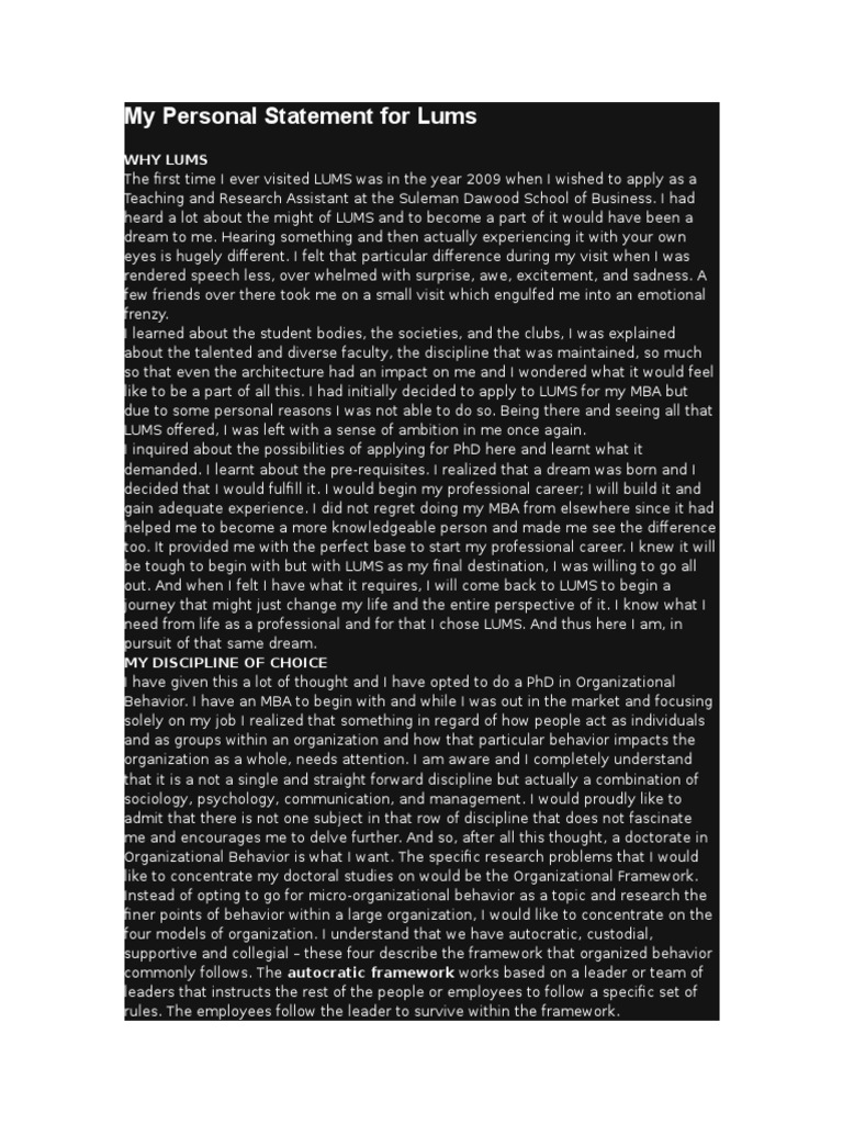 Personal Statement for LUMS PhD Admission | PDF | Leadership | Doctor ...