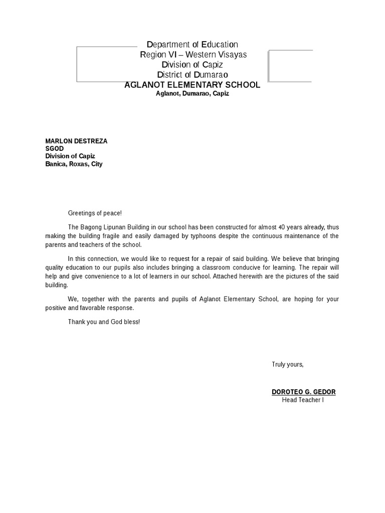Request for Building Repair at Aglanot School | PDF | Behavior ...