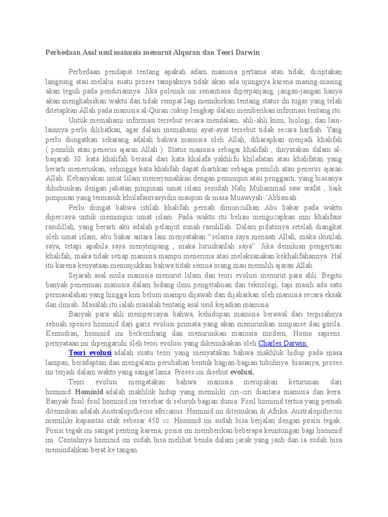 Perbedaan Asal Usul Manusia Menurut Alquran Dan Teori Darwin | PDF