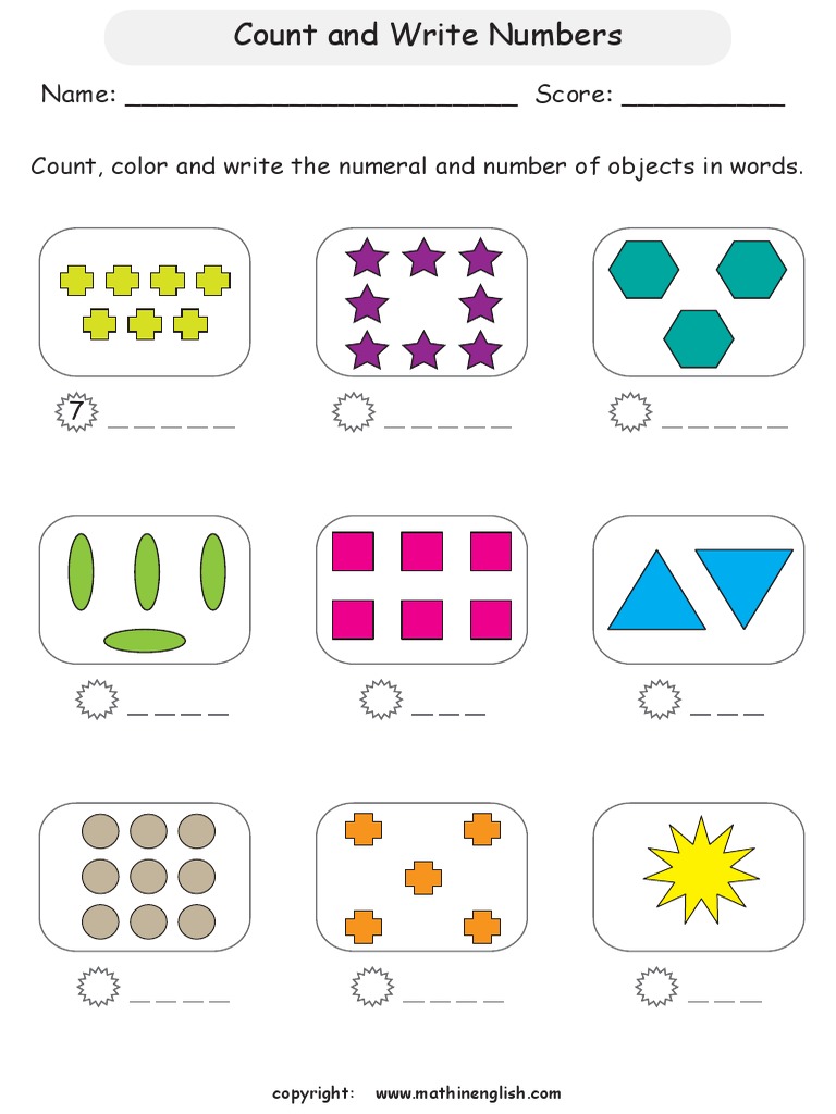 Name: - Score: - : Count, Color and Write The Numeral and Number of ...