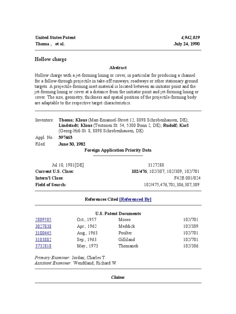 Hollow Charge - US Patent 4942819 | PDF | Shell (Projectile ...