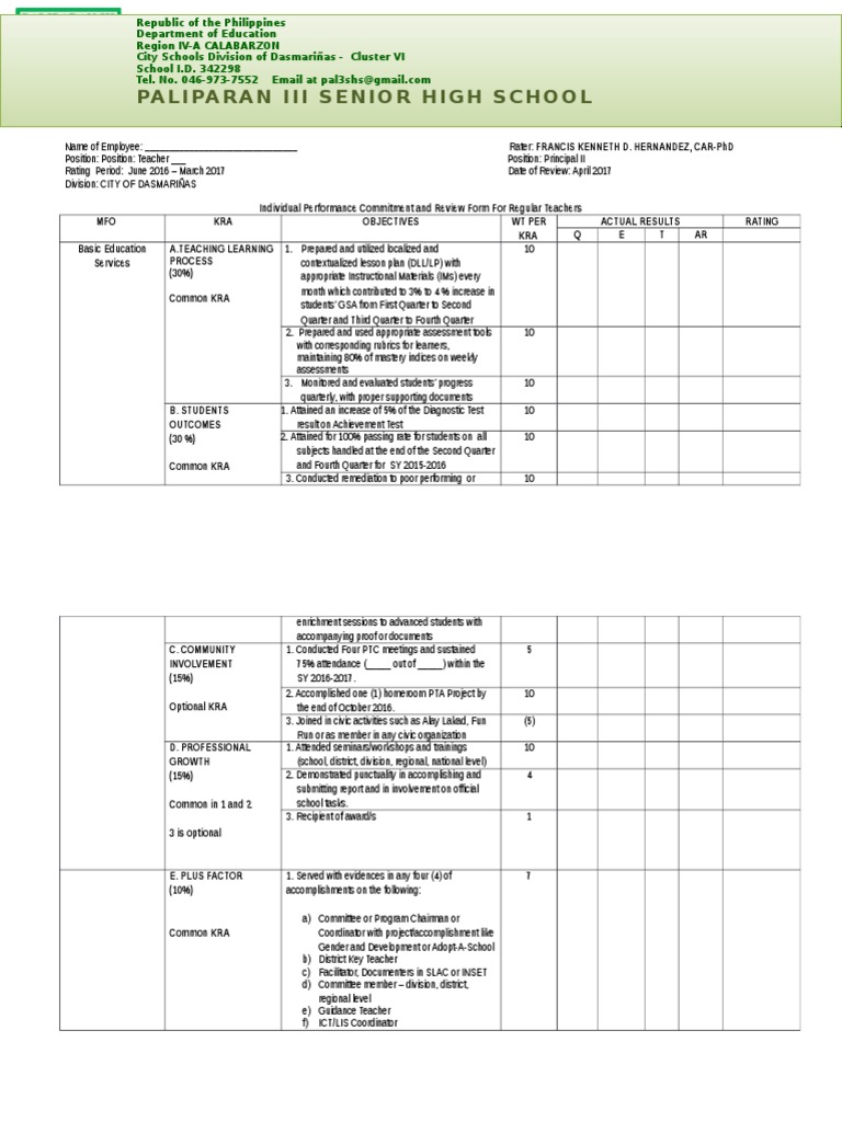Teacher IPCRF 2016-2017 | PDF | Educational Assessment | Lesson Plan