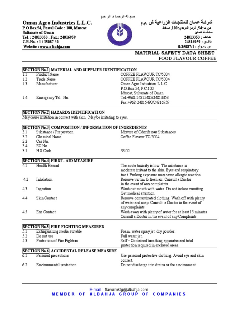 Material Safety Data Sheet for Coffee Flavour TC/5004 | PDF | Chemistry ...