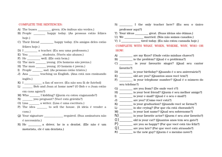 Exercícios de Wh Questions e Verbo To Be | PDF | Lazer | Entretenimento ...