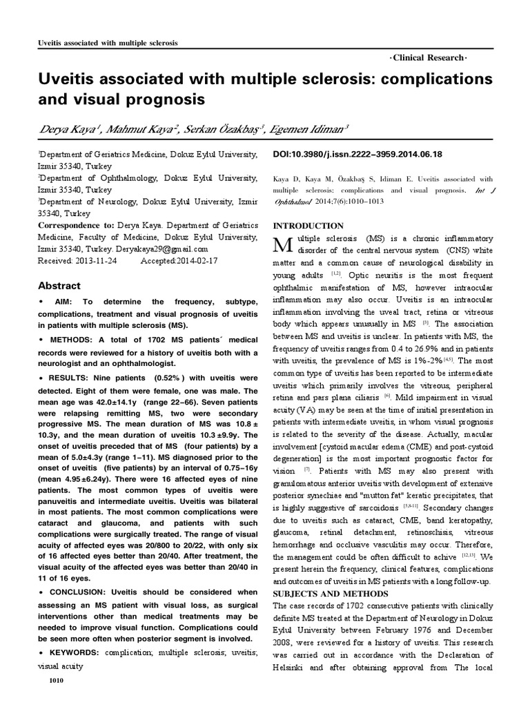 Uveitis Associated With Multiple Sclerosis: Complications and Visual ...
