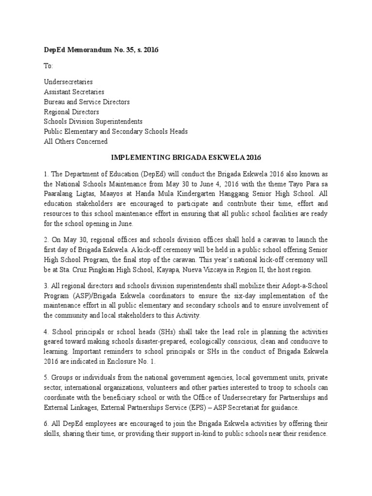 DepEd Memorandum No.35 2016 | PDF | Emergency Management | Disaster And ...