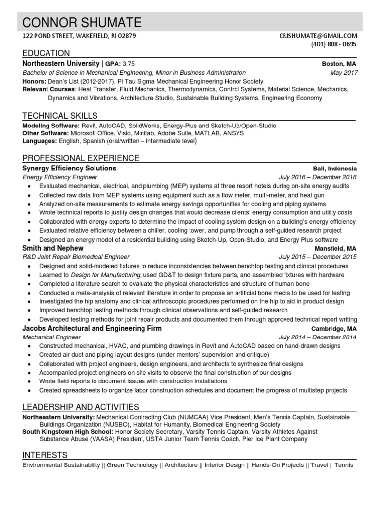 Shumate Connor Resume | PDF | Mechanical Engineering | Efficient Energy Use