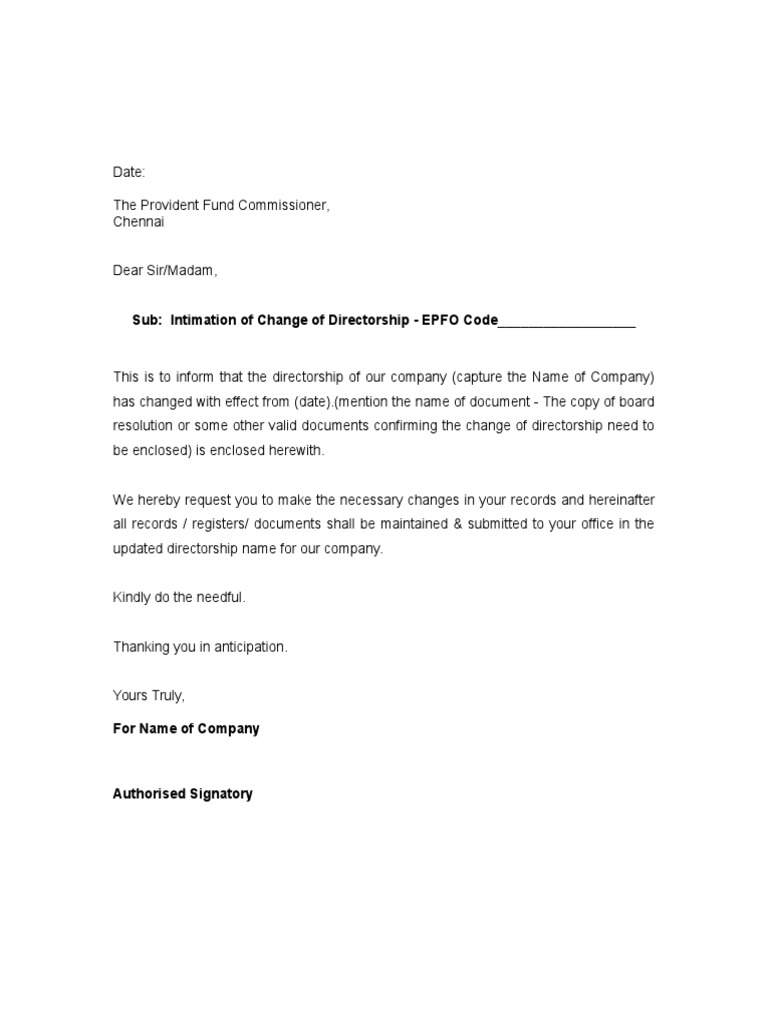 Sub: Intimation of Change of Directorship - EPFO Code | PDF