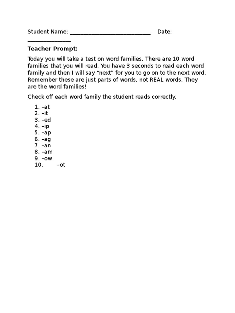 Word Families Test Instructions | PDF | Science & Mathematics