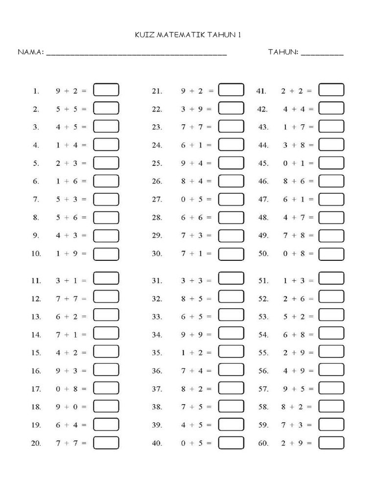 Kuiz Matematik Tahun 1 | PDF