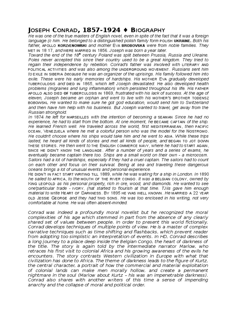Joseph Conrad's Heart of Darkness Biography and Novel Synopsis | PDF ...