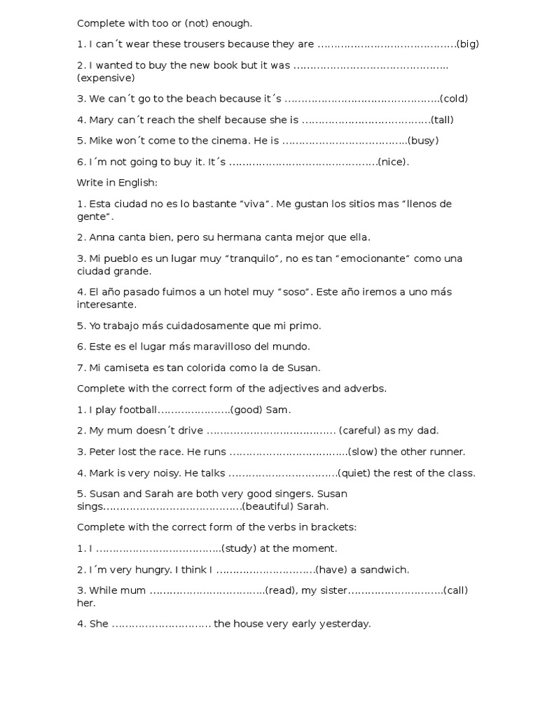 Too Much or Too Little - Complete Sentences with Adjectives and Adverbs ...