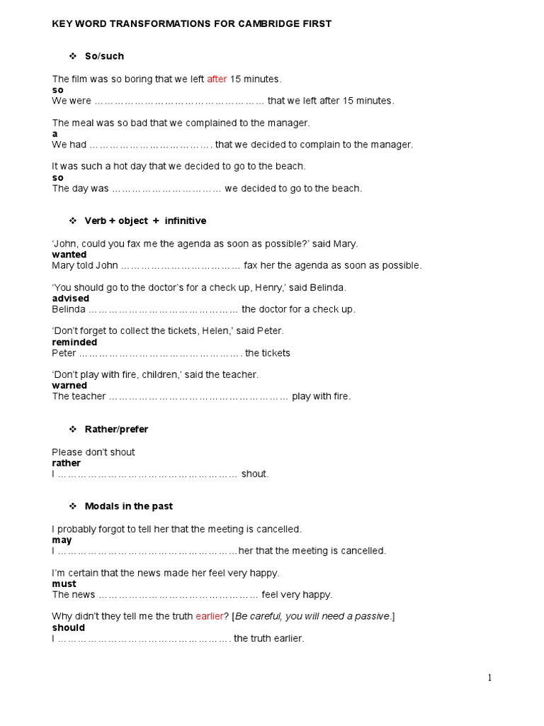 FCE Key Word Transformations | PDF
