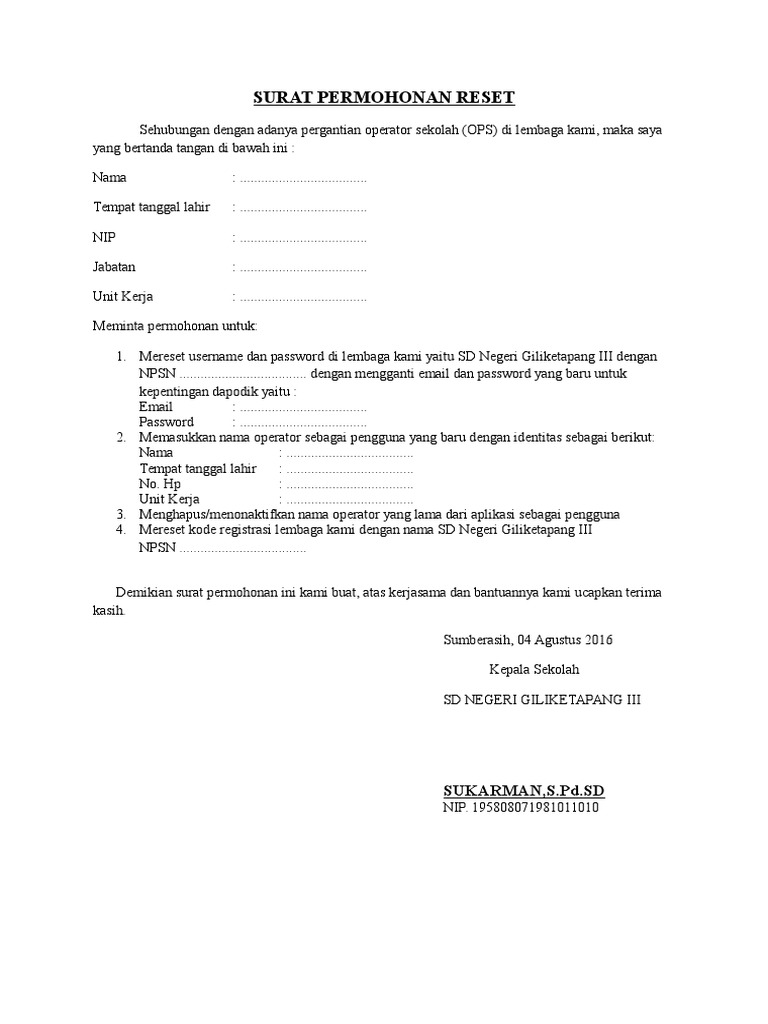 Contoh Surat Permohonan Reset Operator Sekolah | PDF | Bisnis