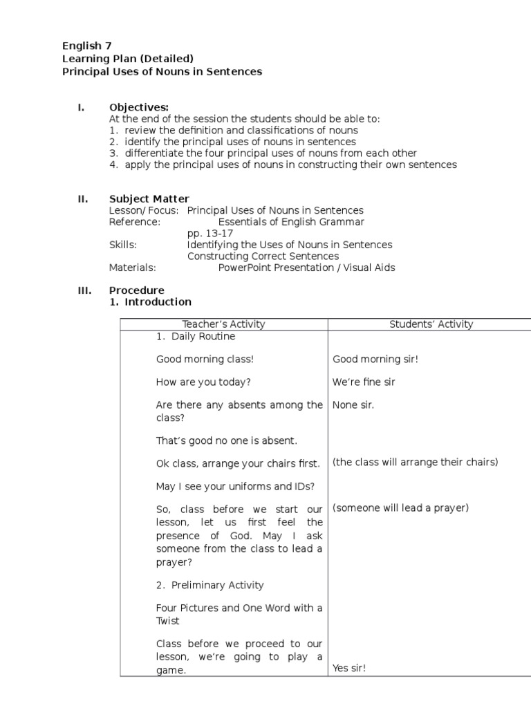 English I Lesson Plan - Detailed | PDF | Subject (Grammar) | Object ...