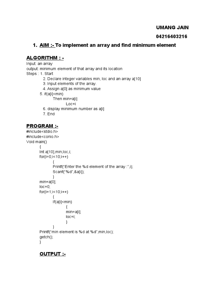 Aim To Implement An Array And Find Minimum Element Algorithm Pdf